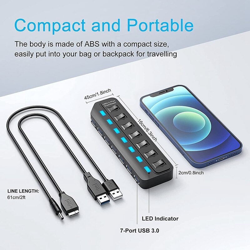 USB 3,0 Hub,7 Port USB Hub Splitter Mit LED Indivi... – Grandado
