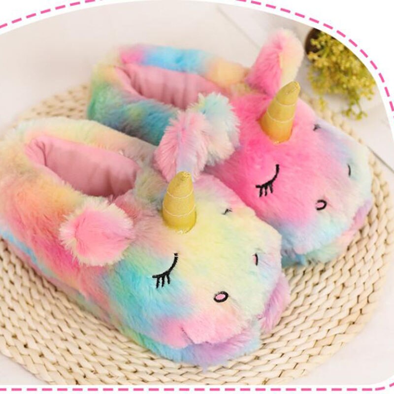 Winter Warm Rainbow Unicorn Slippers Women's Indoo... – Grandado