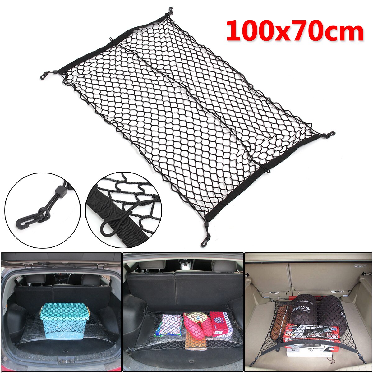 100cm x 70cm Black Nylon Car Trunk Net Luggage Storage Organizer Bag ...