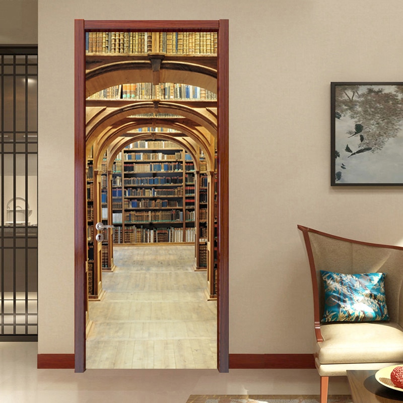 3D Door Sticker Modern Library Study Room Bookshel... – Grandado
