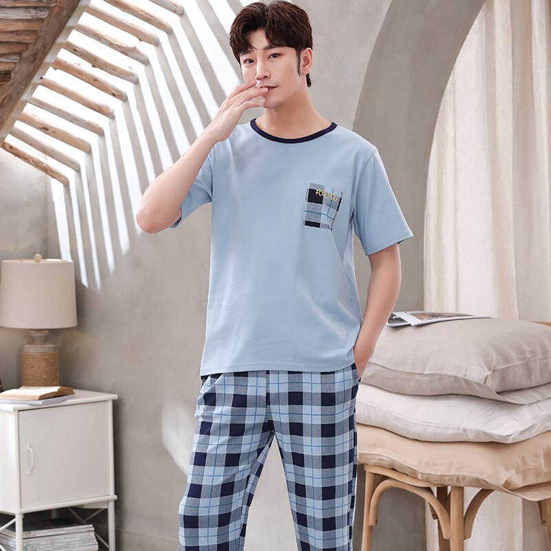 Summer Cotton Men's Pyjamas Short Sleeve Long ... – Grandado