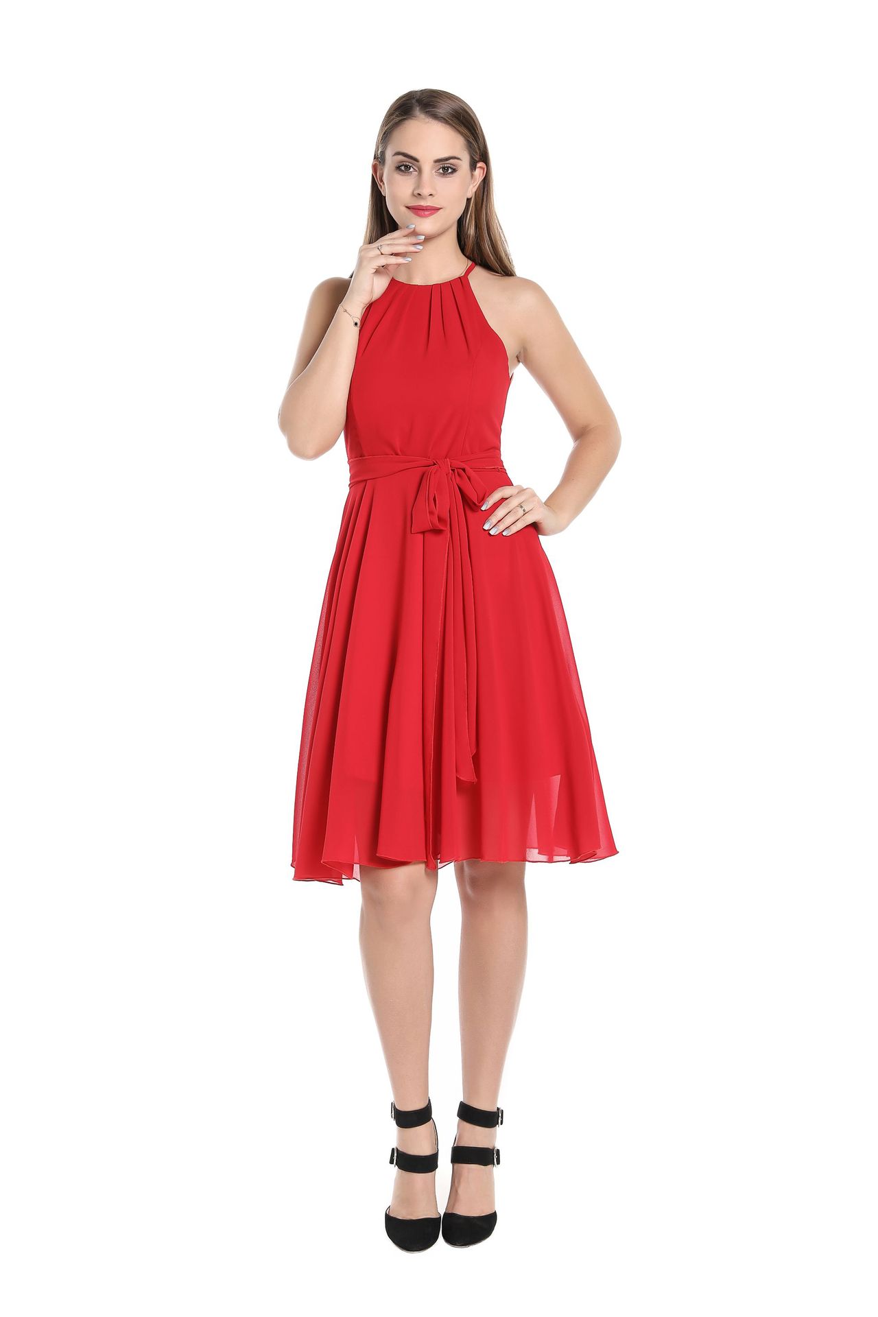 Red Spaghetti Strap Chiffon Summer Sleeveless Midi... – Grandado