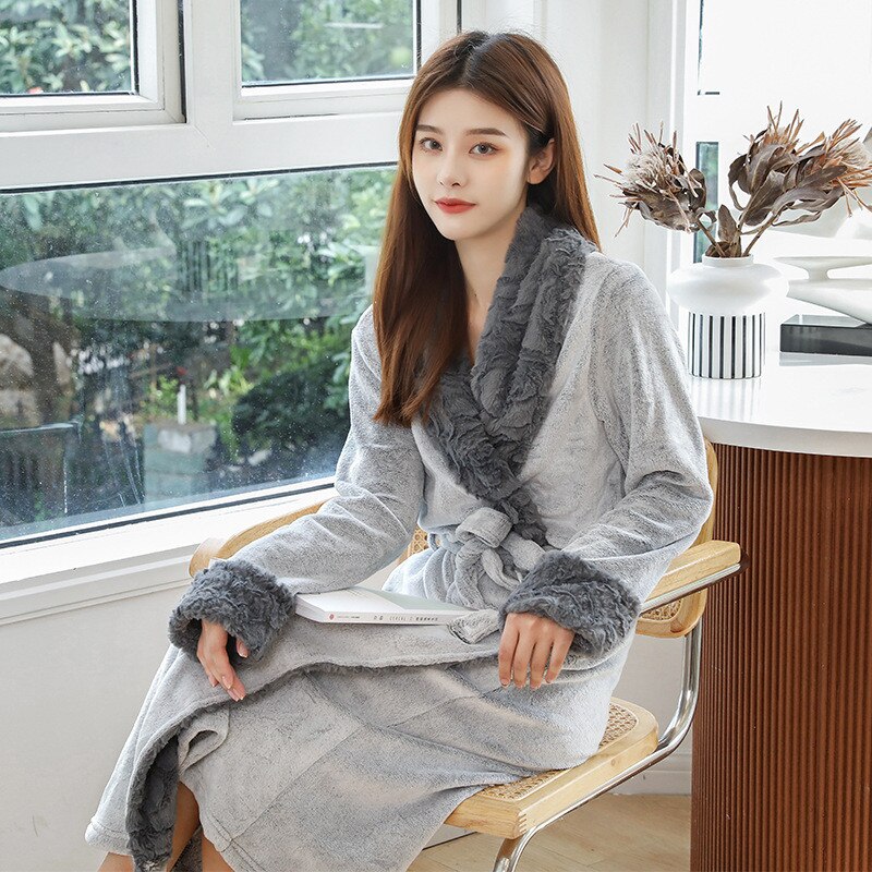 Plus Size Women Flannel Thick Gray Winter Long Rob... – Grandado