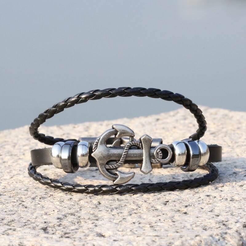 Legering Anker Geweven Lederen Armband Dubbele Ges... – Vicedeal