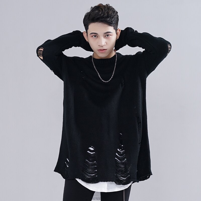 Korean Clothes Men Autumn Ripped Holes Sweater Vin... – Grandado