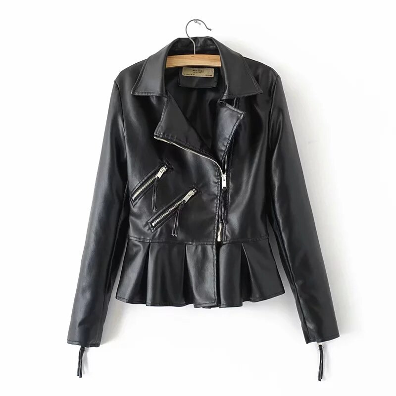 sprint ruffle black PU Leather Jacket women Winter... – Grandado