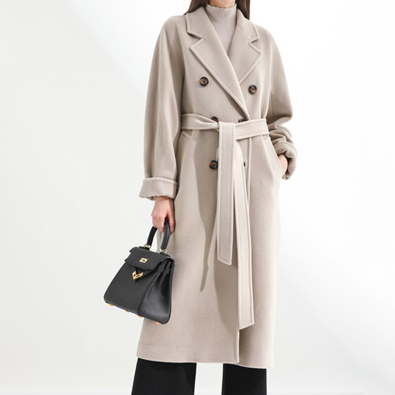 Women Beige Oversize Long Coat Woolen Coat With Be... – Vicedeal