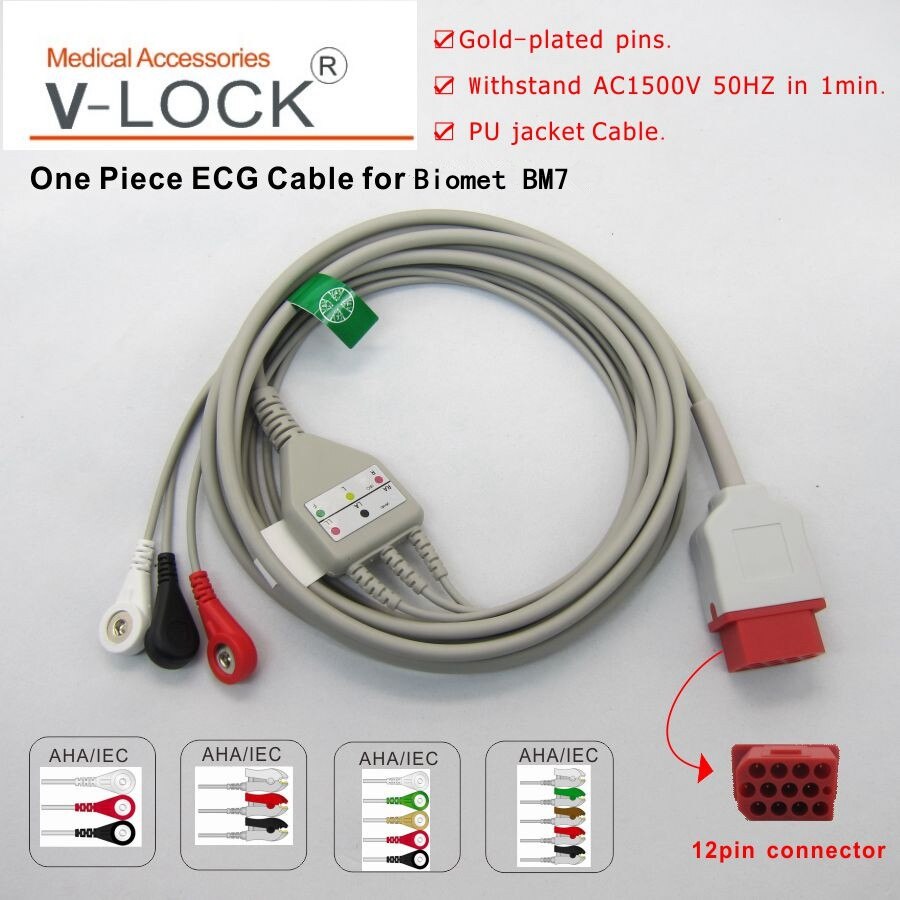 One-piece ECG cable with 3leads,snap for Biomet BM... – Grandado