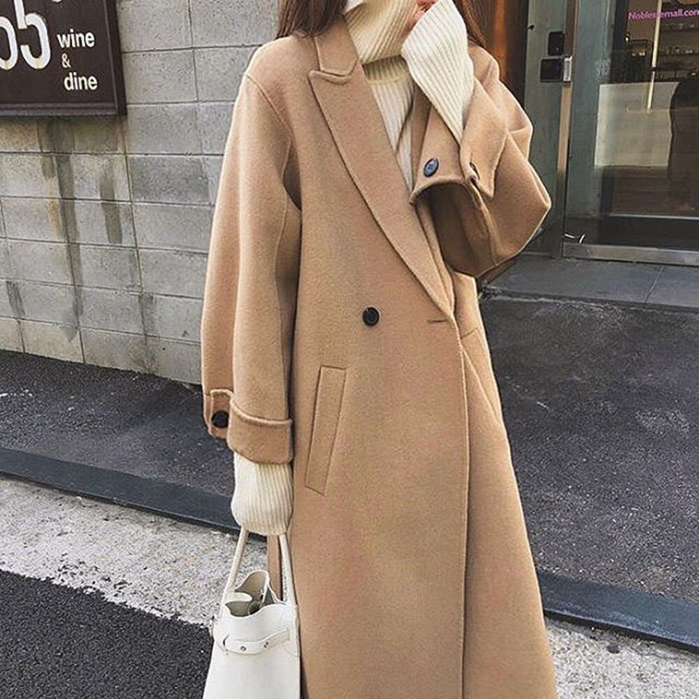 Korean Women Spring Autumn Long Wool Coat Plain Ca... – Grandado