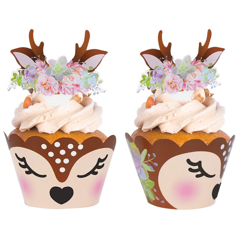 24Pcs Flower Elk Paper Cupcake Wrapper Cake Topper... – Grandado
