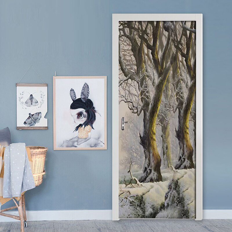 Door Stickers Beautiful Snow Forest Big Tree Water... – Grandado