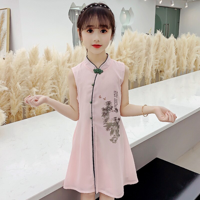 Chinese Style Dress For Girl Pink White Print Sund... – Grandado