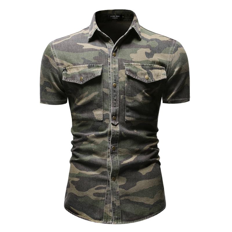 Camouflage Denim Shirt voor Mannen Korte mouwen Ca... – Grandado