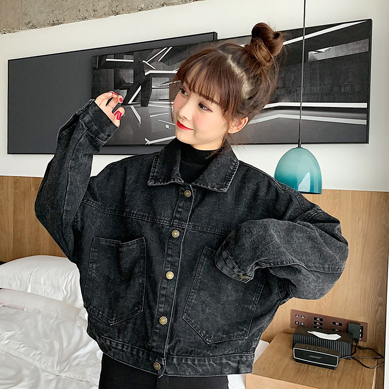 Black Denim Short Jackets Women Loose Single Breas... – Grandado