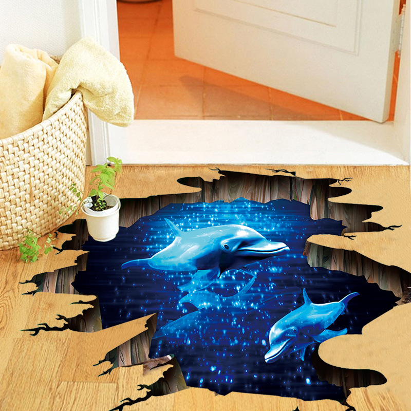 3D dark blue dream dolphin floor sticker bathroom ... – Grandado