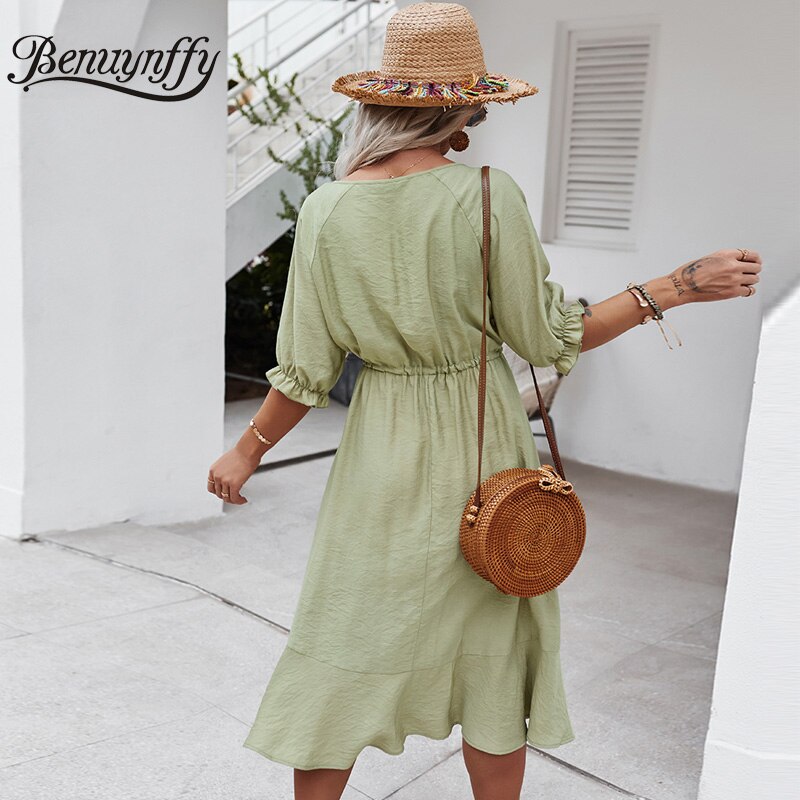 Benuynffy Tie Neck Button Front Hollow out Ruffle ... – Grandado