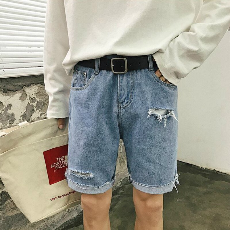 Jeans Men Denim Knee Length Holes Ripped Korean St... – Grandado