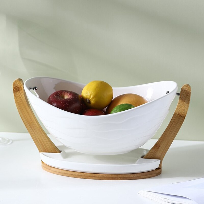 Ceramic Fruit Bowl Wooden Frame Fruit Basket Stand... – Grandado