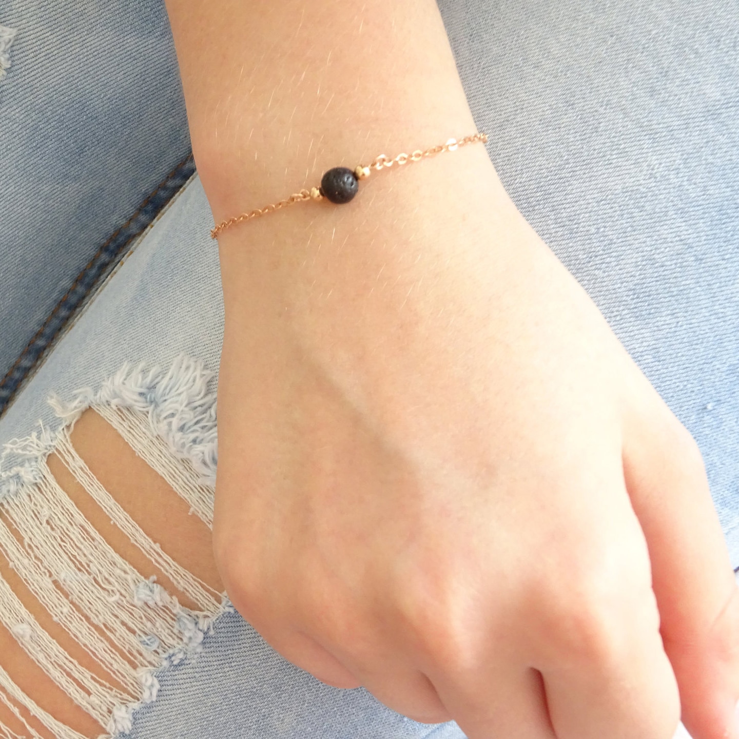 Gold/ Chain Black Lava Stone Bead Bracelet Aromath... – Grandado