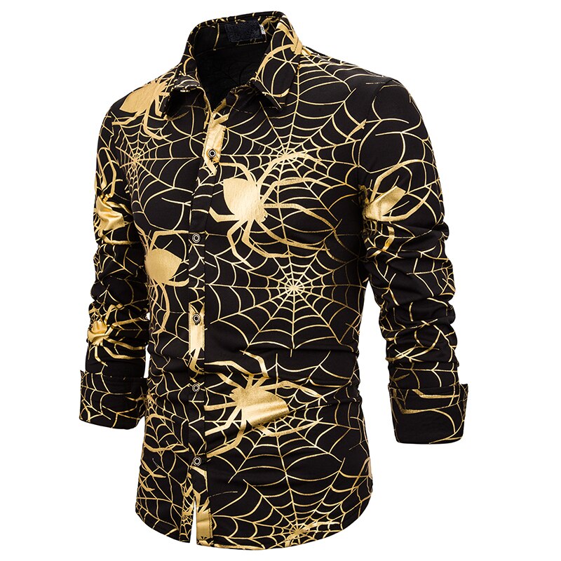 Spider Web Shirt Men Gold Bronzing Print Streetwea... – Grandado