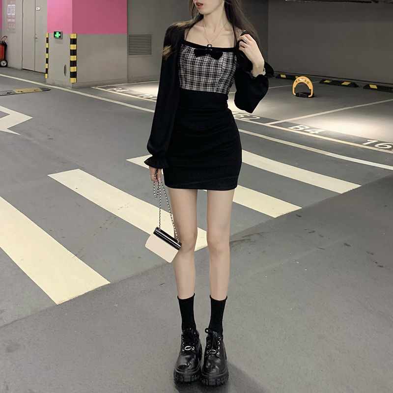 QWEEK Korean Bodycon Mini Dress Women Kpop Plaid P... – Grandado