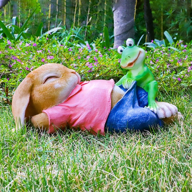 Garden Lying Rabbit and Frog Garden Statue Ornamen... – Grandado