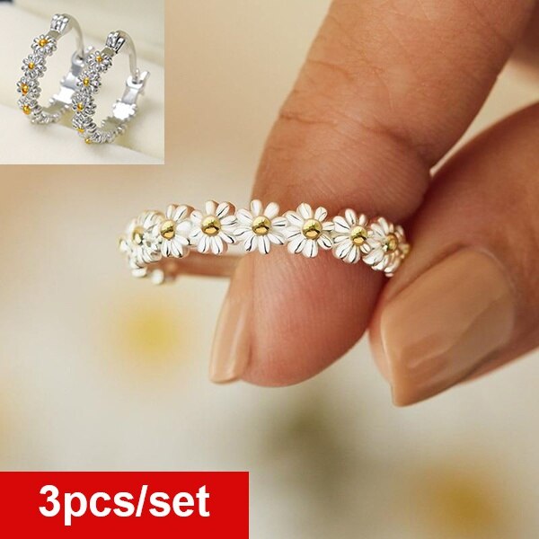 3 Stks/set Vintage Zilveren Daisy Ring Oorbellen V... – Grandado