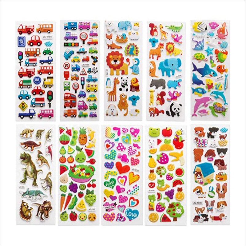 10 Sheets Kids Stickers 3D Puffy Bulk Cartoon Dier... – Grandado