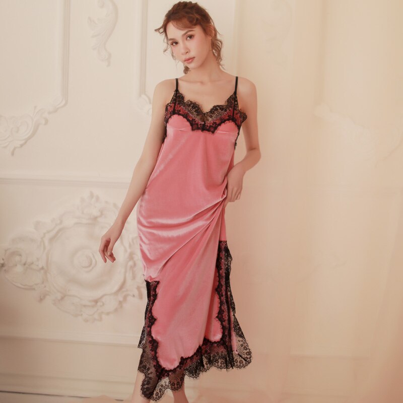 Sexy gold velvet suspenders deep V side split lace... – Grandado