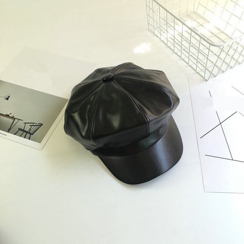 Black PU Leather CapsFall Winter Women Octagonal C... – Vicedeal