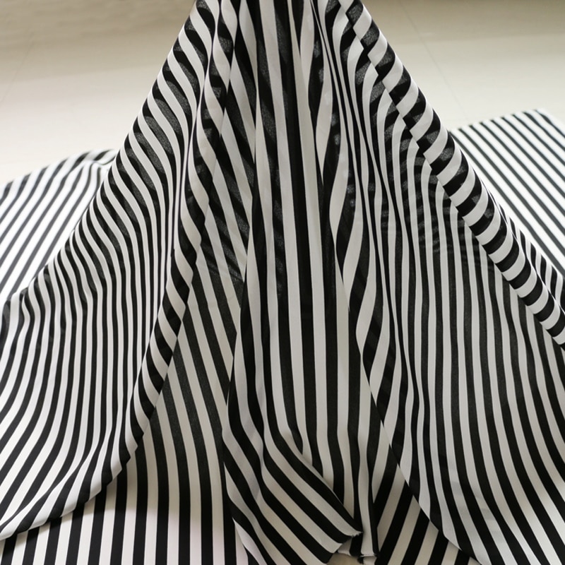Natural white black stripe chiffon material crepe ... – Vicedeal
