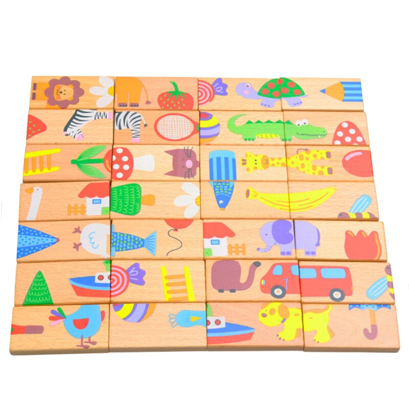 28PCS Wooden Domino Toys Early Learning Wooden Animal Domino Toys Set ...