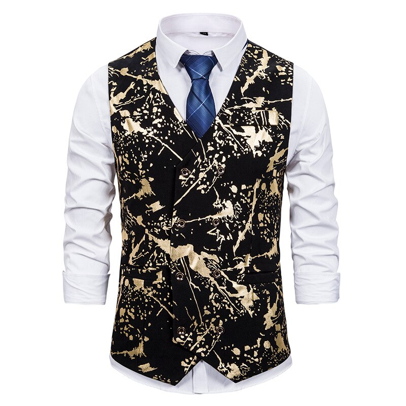 Gold Print Suit Vest Men Sleeveless Slim Fit Dress... – Grandado