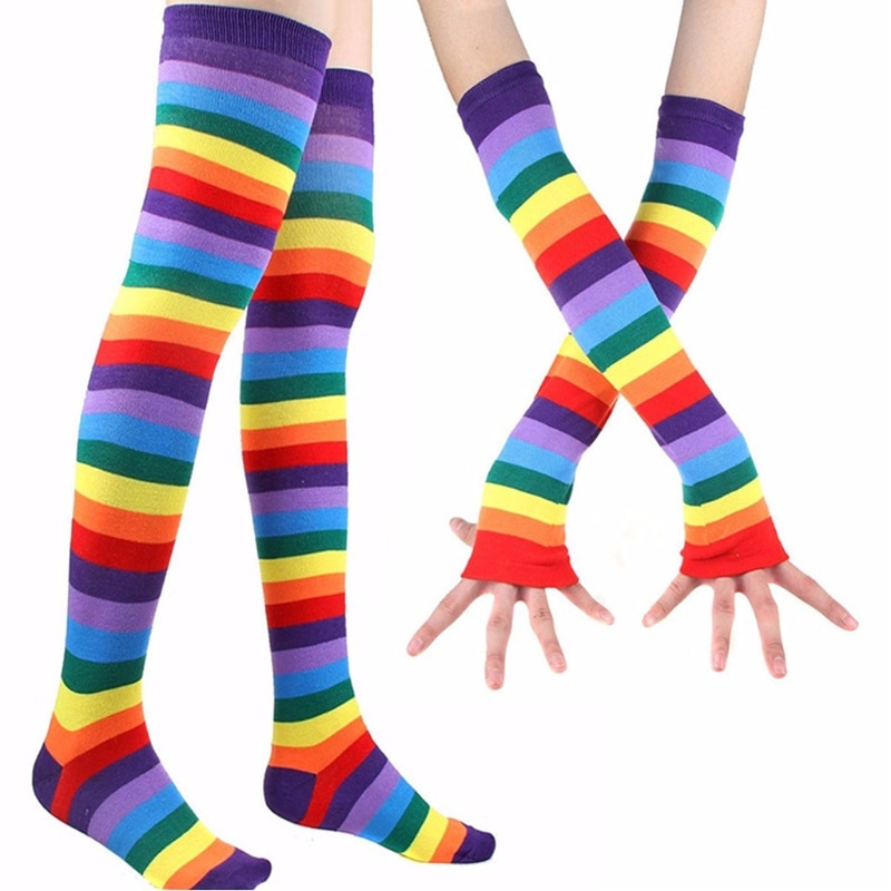 Women Rainbow Striped Thigh High Long Socks Arm Wa... – Vicedeal