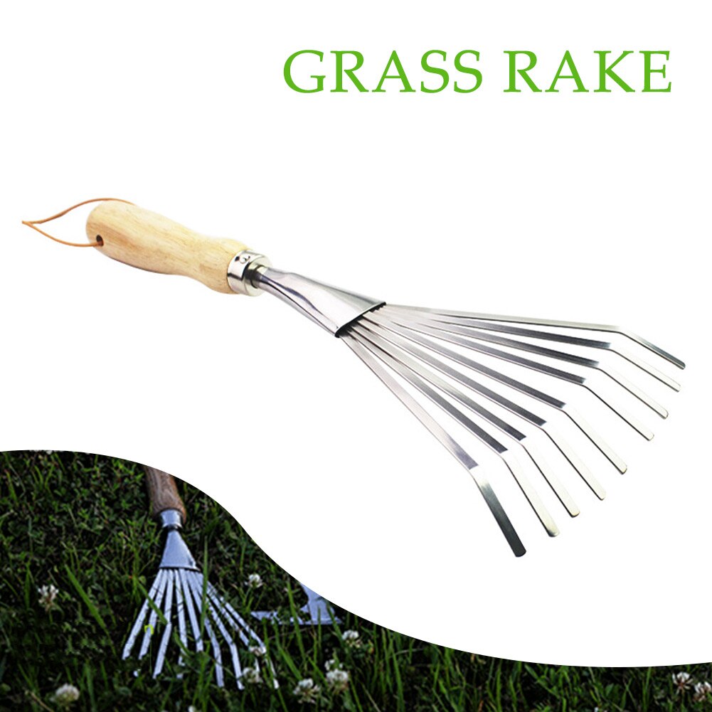 9 Teeth Backyard Patio Grass Rake With Wooden Hand... – Grandado