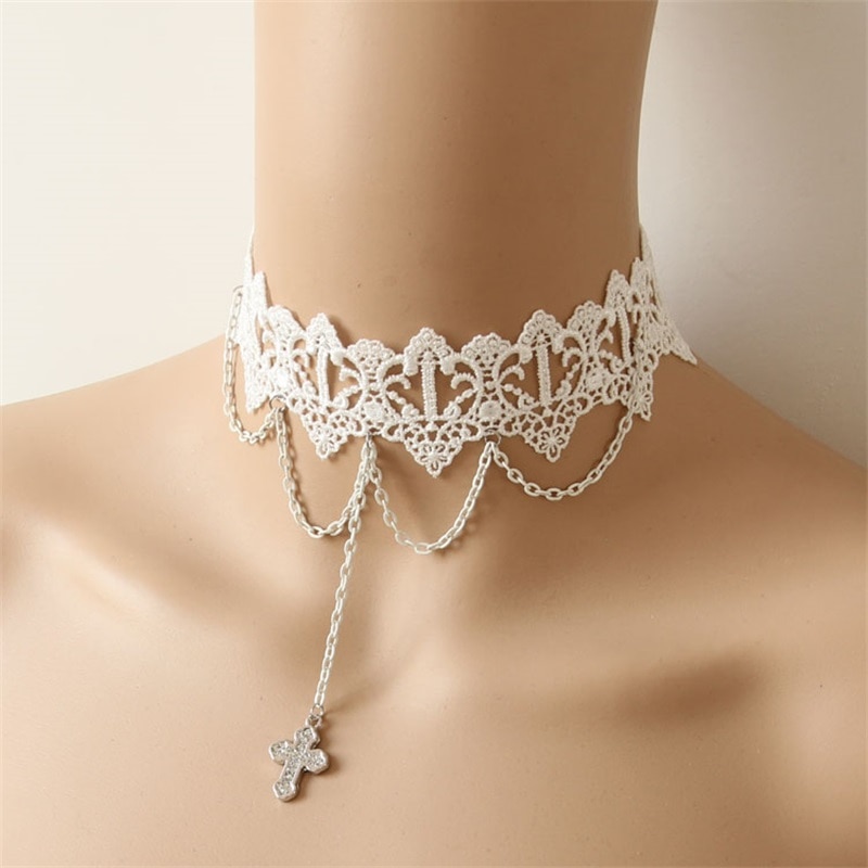 YiYaoFa Vintage White Lace Necklace Cross Pendant ... – Grandado