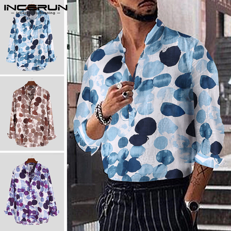 INCERUN Mannen Lange Mouwen Stand Neck Inkt Polka ... – Grandado