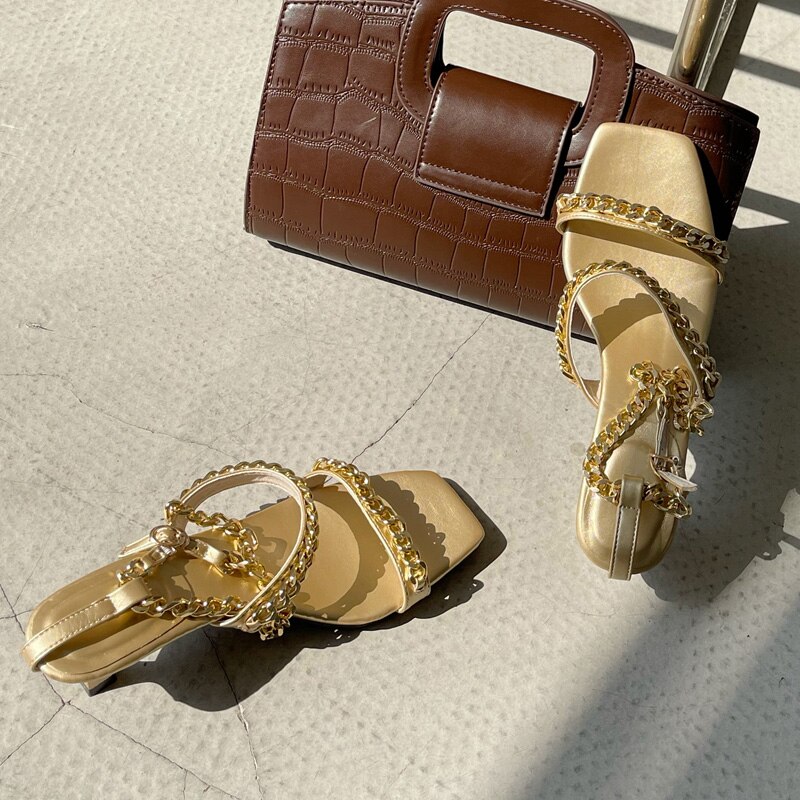 SUOJIALUN Summer Women Sandals Brand Gold Chain La... – Grandado