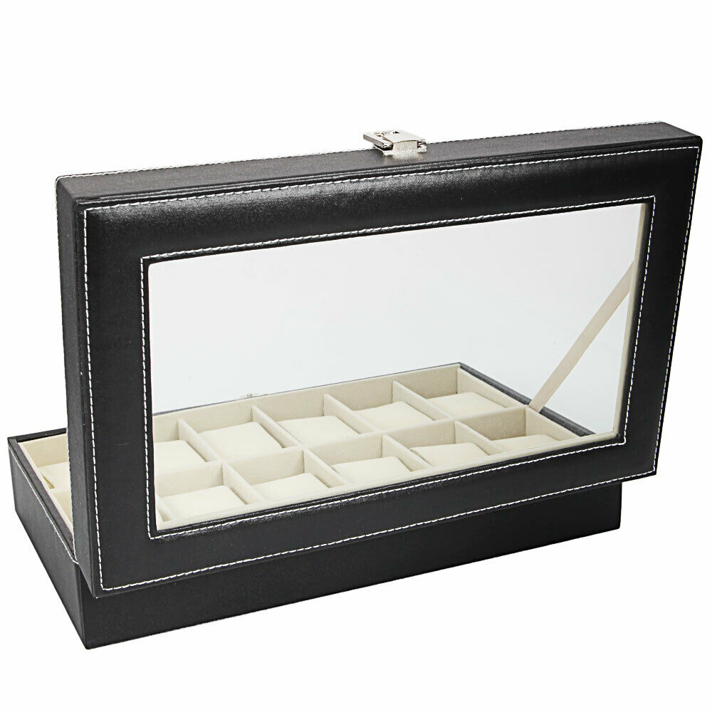 12 Slots Men Watch Box Leather Display Case Organi... – Vicedeal