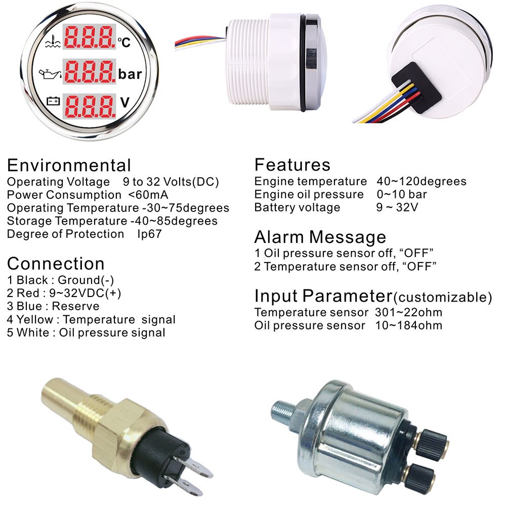 52mm 3 in 1 oil pressure gauge + Water temperature... – Grandado