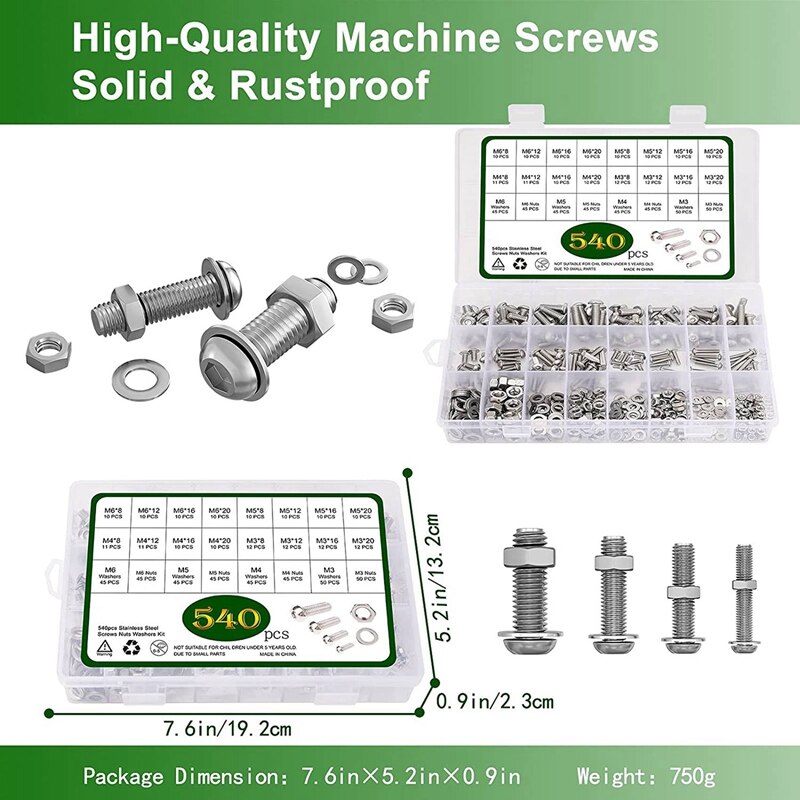 544 Piece Threaded Machine Screws, Bolts And Nuts ... – Vicedeal