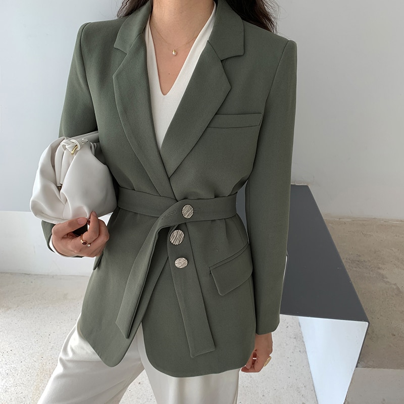 [EAM] Women Green Waistband Button Split Blazer La... – Grandado