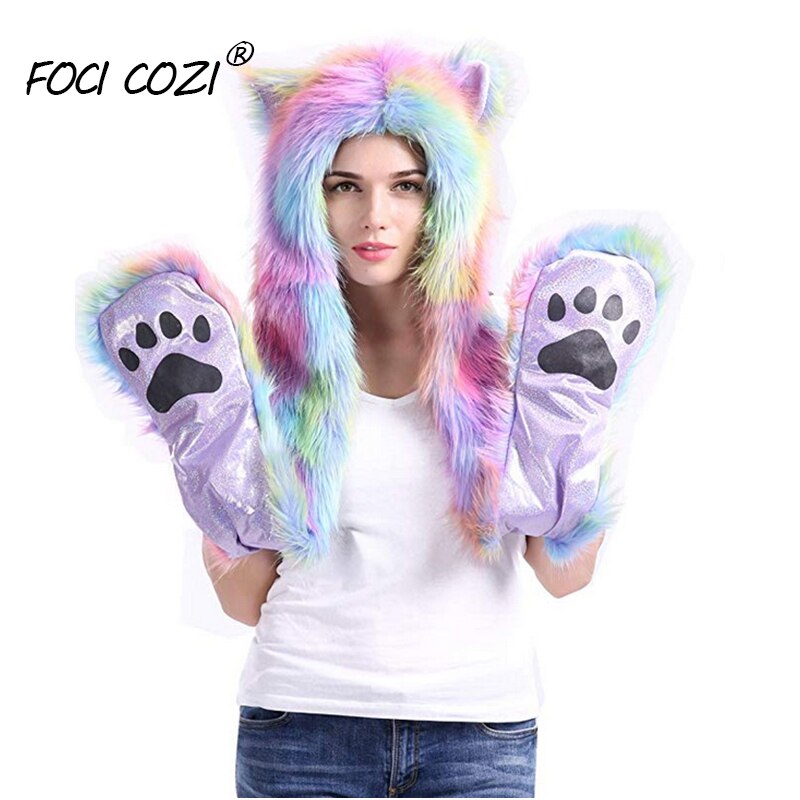 Rainbow Fur Hat Rave Spirit Animal Furry Hoddie Ha... – Grandado