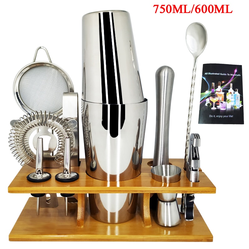 12 stuk Rvs Barman Set met Houten Standaard En Rec... – Grandado
