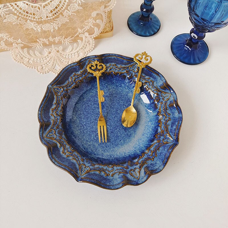 CuteLife Nordic Blue Carving Round Ceramic Plate R... – Grandado
