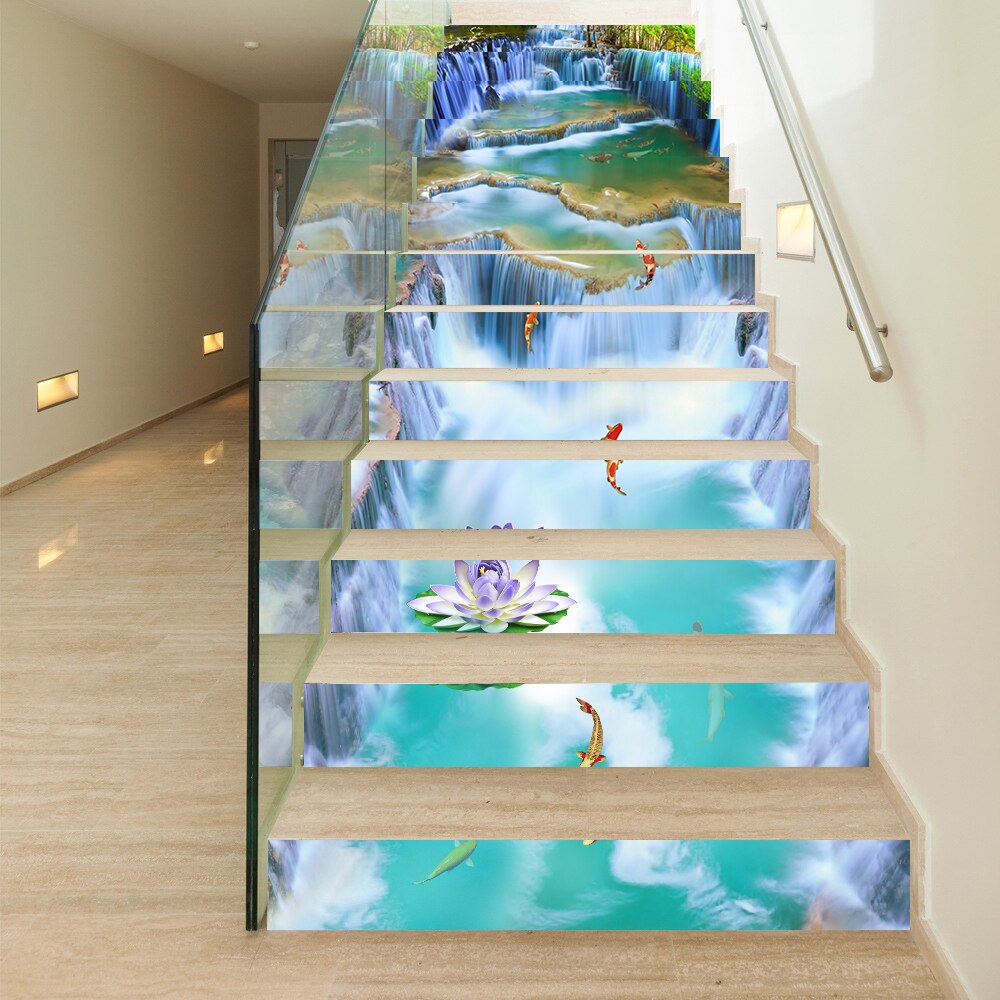 Oil Painting Style Waterfall Diy Staircase Sticker... – Grandado