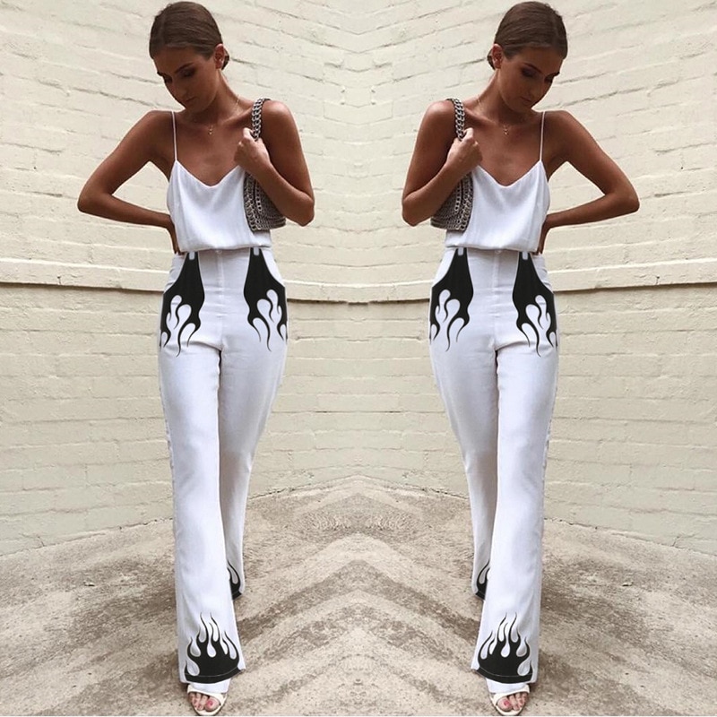 BOOFEENAA Flamme Druck Weiß Hohe Taille Flare Hose... – Vicedeal