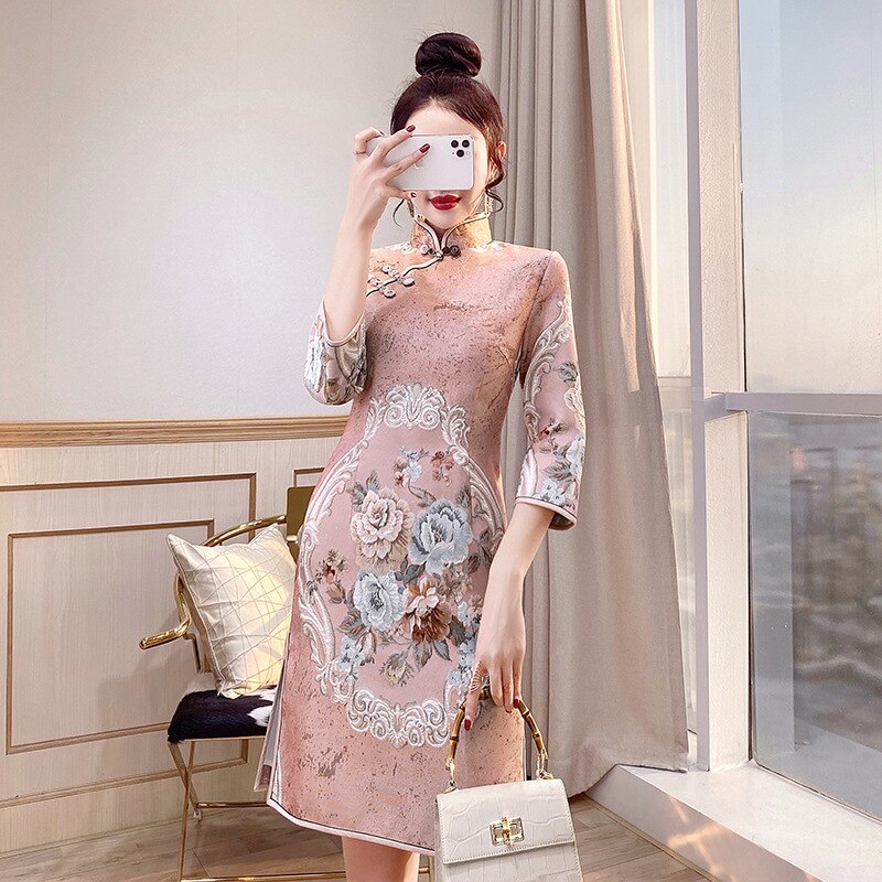 Chinese Qipao Dress Autumn Jacquard Short Dress Wo... – Grandado