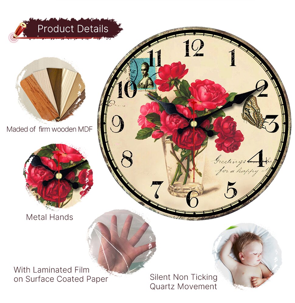 Rustic Country Flower Wall Clock Vintage Home Deco... – Grandado
