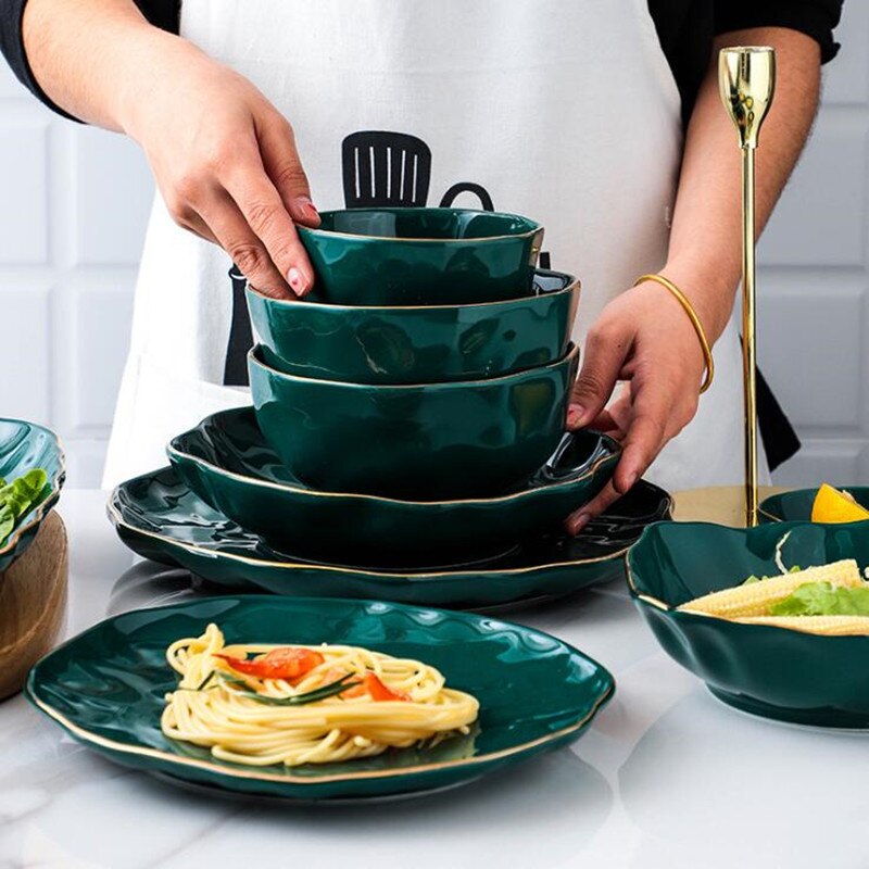 Gold Side Green Plate Tableware Bright Light Steak... – Grandado
